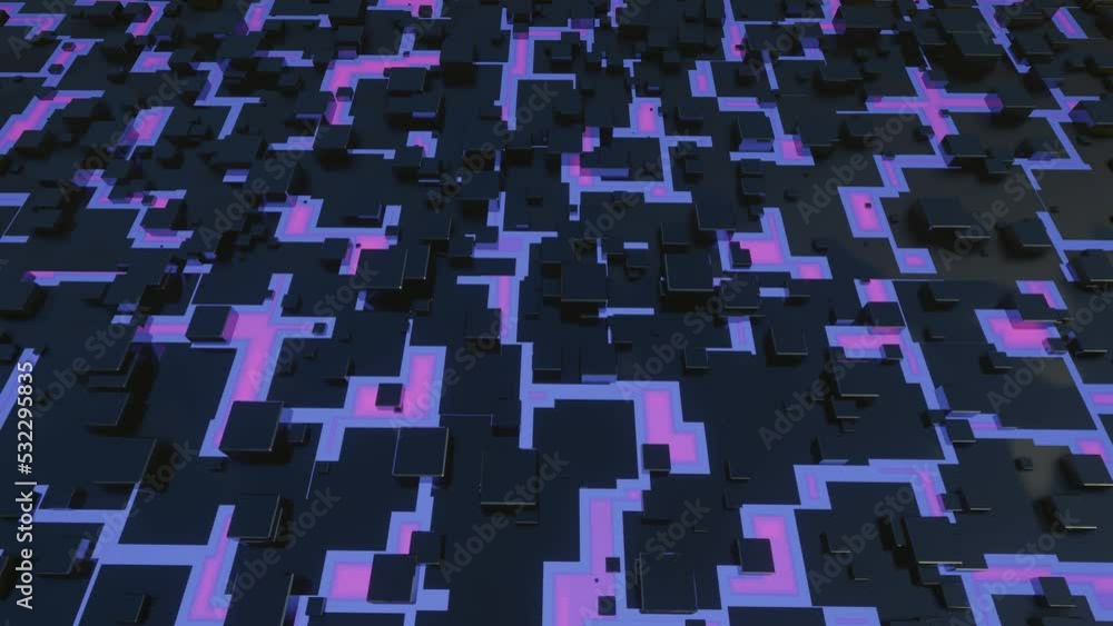 4k looped animation. Flight over hi tech pattern on plane surface, neon ...