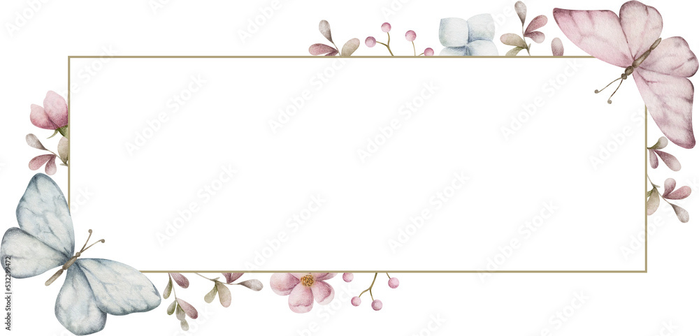 Rectangle frame with flowers and butterflies. Watercolor illustration ...