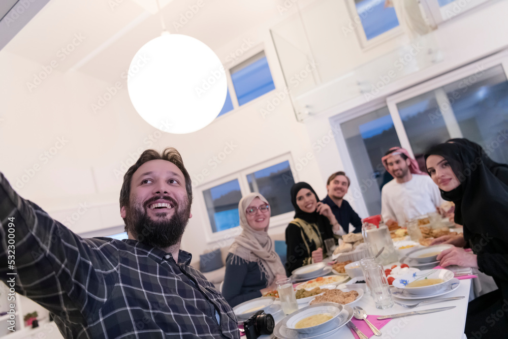Eid Mubarak Muslim family having Iftar dinner taking pictures with ...