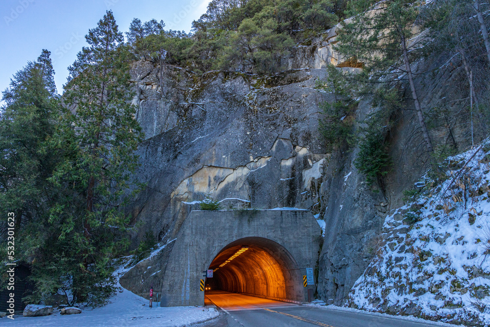Entrance to the Tunnel View tunnel in Yosemite National Park with snow ...