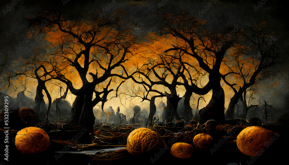 spooky halloween forest with scary black trees and pumpkins on the ...