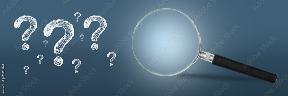 Isolated magnifier and question marks Stock Photo | Adobe Stock