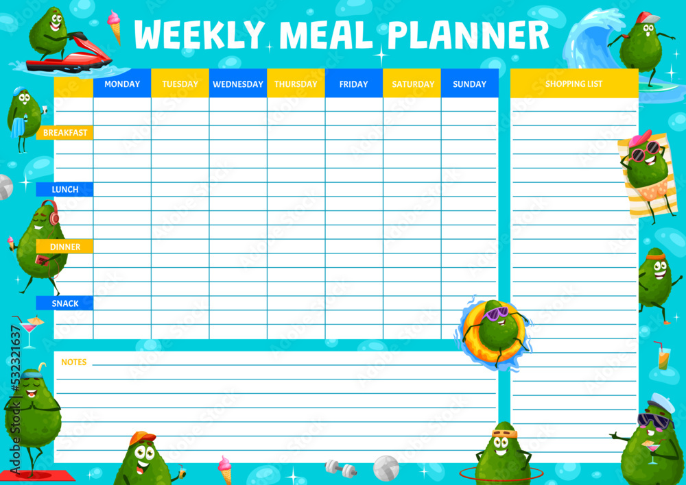 Weekly meal planner with cartoon avocado characters on summer vacation ...
