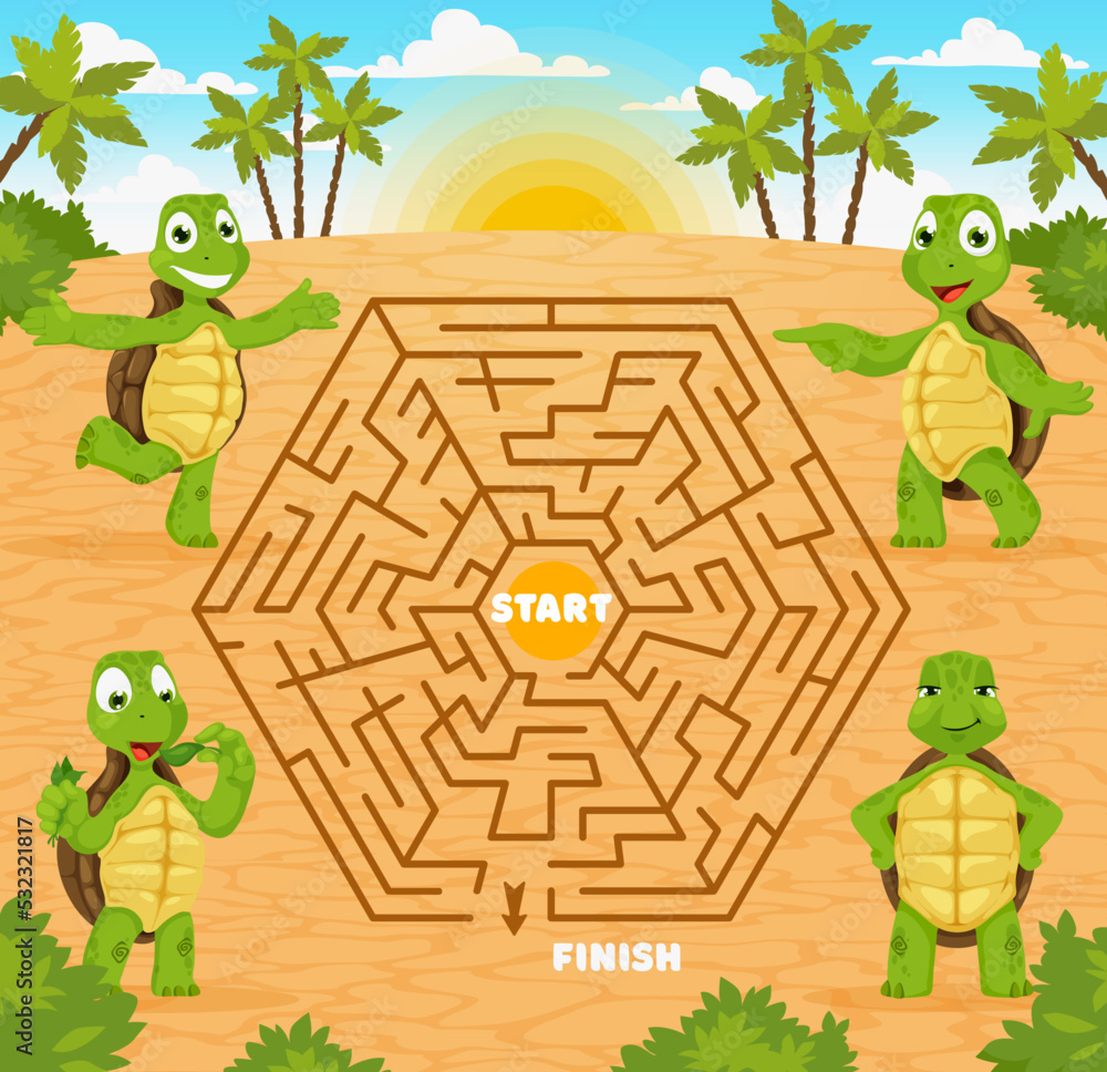 Labyrinth maze game. Help cartoon turtles to find exit. Cute tortoise ...