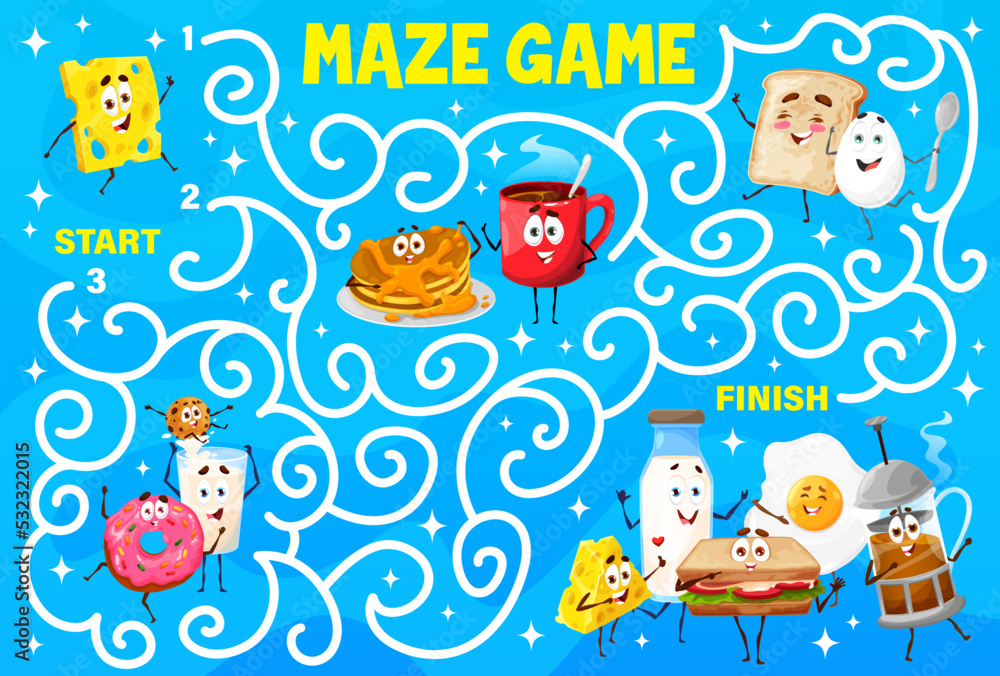 Labyrinth maze worksheet. Cartoon breakfast food characters. Search ...