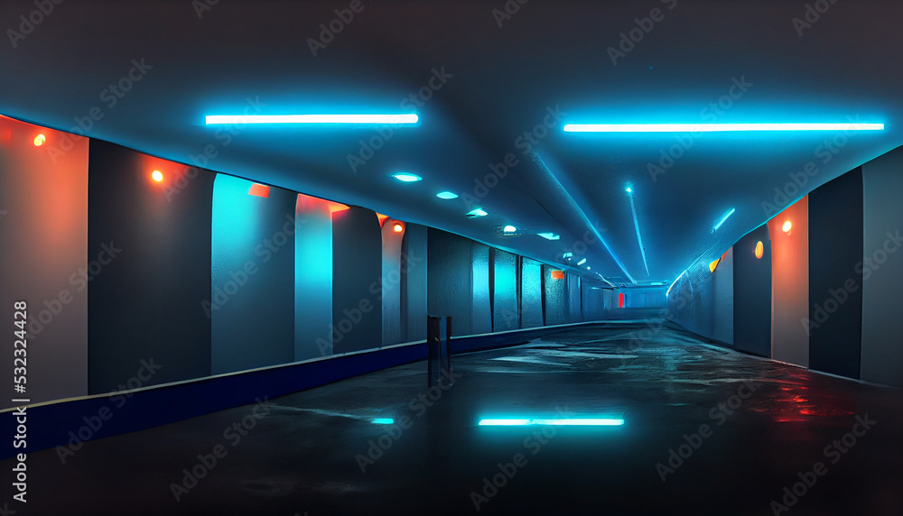 Cyber Neon Glowing Futuristic retro industrial Basement Tunnel ...
