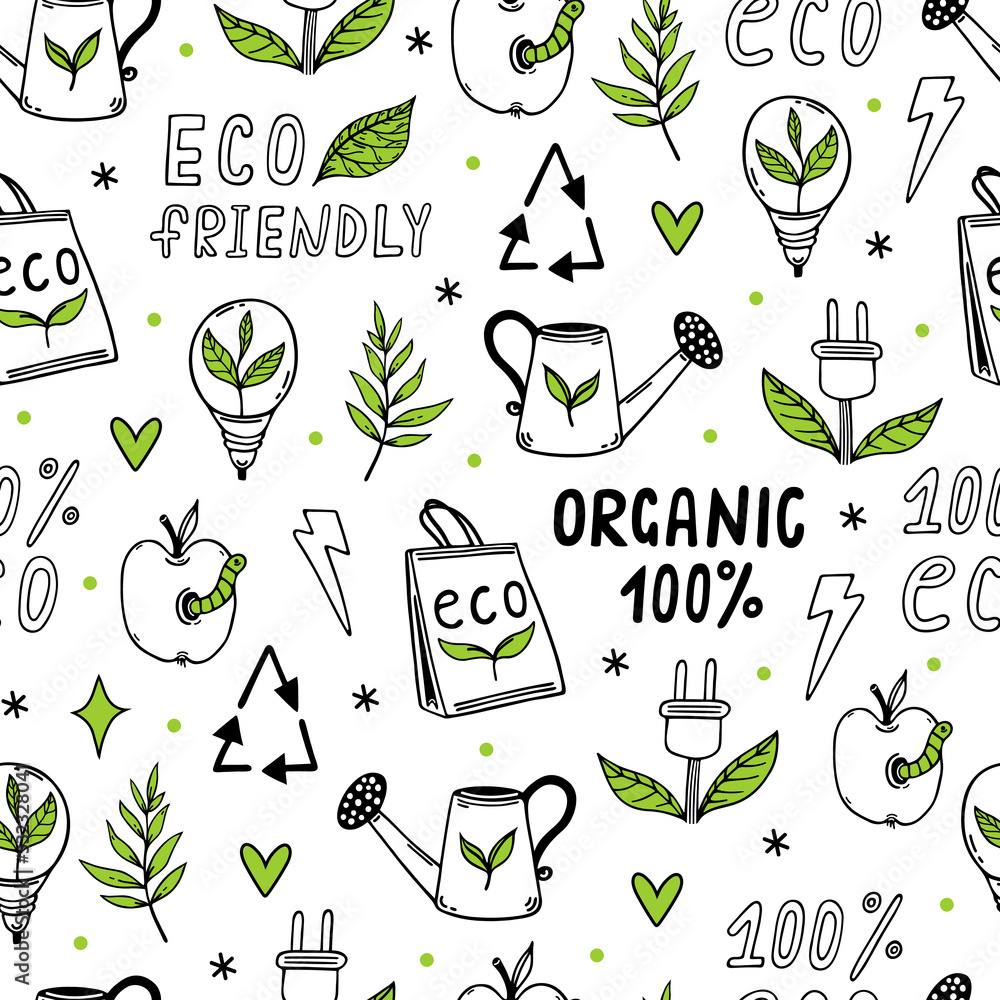 Eco doodles seamless vector pattern. Symbols of environmental care ...