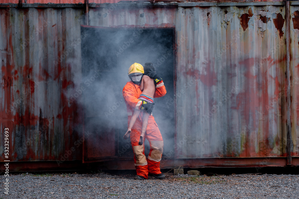 Firefighters man fire extinguisher to fighting with fire from oil and ...