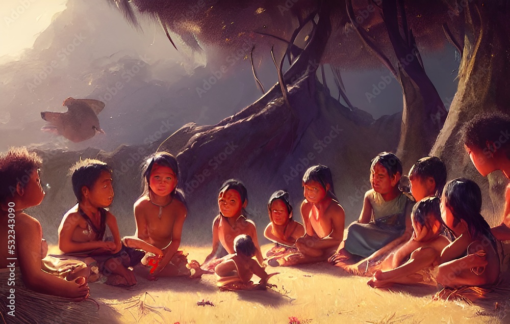 Pacific Islander children are gathered around an elderly storyteller ...