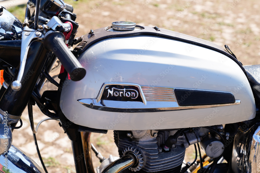 Norton motorcycle brand logo and sign text on tank fuel of vintage old ...