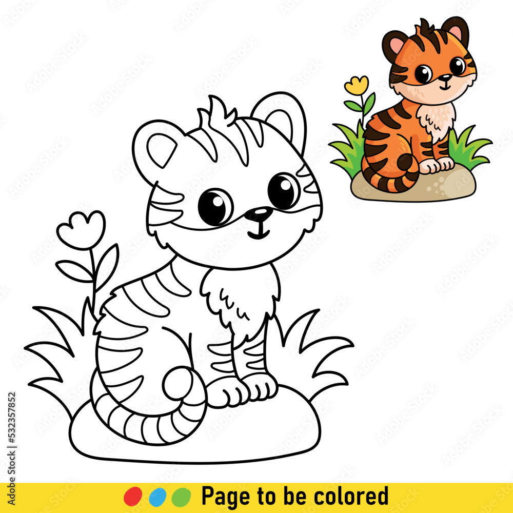 Coloring book with tiger cub in cartoon style. Black and white ...