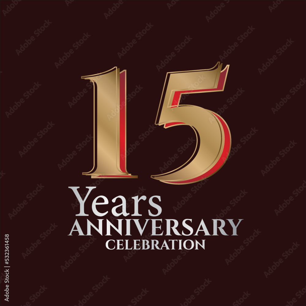 15th Years Anniversary Logo Gold and red Colour isolated on elegant ...