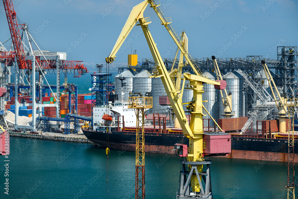 industrial seaport infrastructure, sea, cranes and dry cargo ship ...