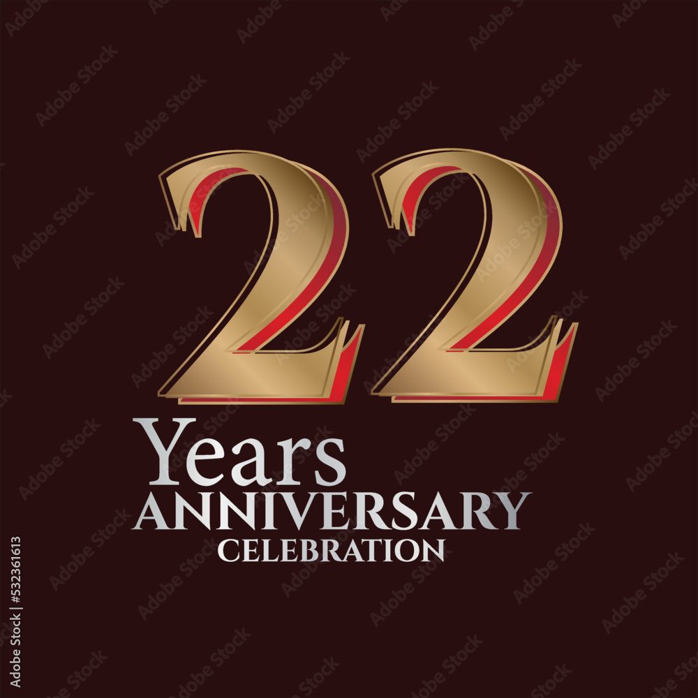 22nd Years Anniversary Logo Gold and red Colour isolated on elegant ...