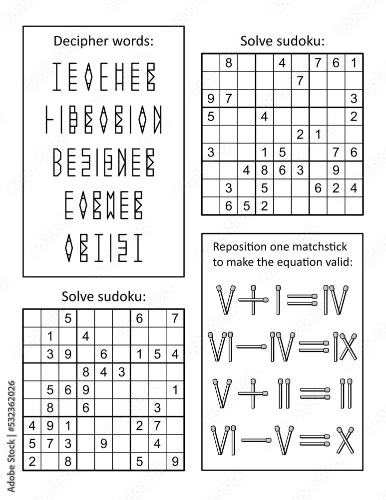 Puzzle page with various activities. Black and white, printable. Stock ...