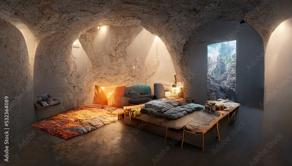 Amazing interior of a bedroom carved into a cave illustration painting ...