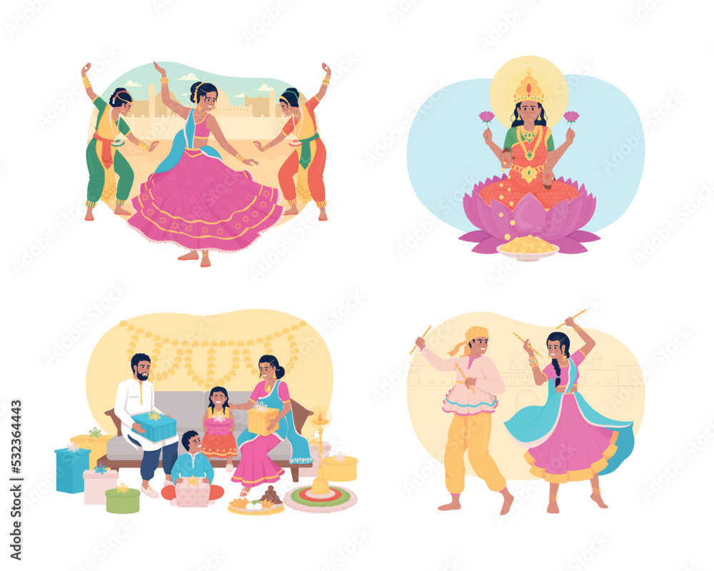 Traditions during Diwali 2D vector isolated illustrations set ...