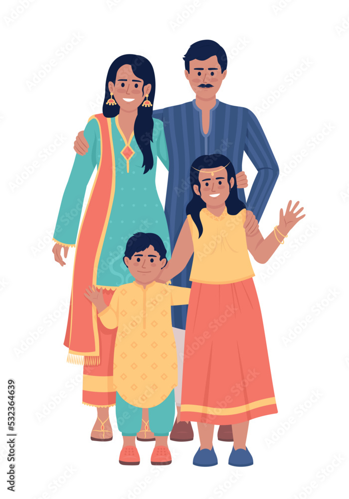 Family wearing indian ethnic outfits semi flat color vector characters ...