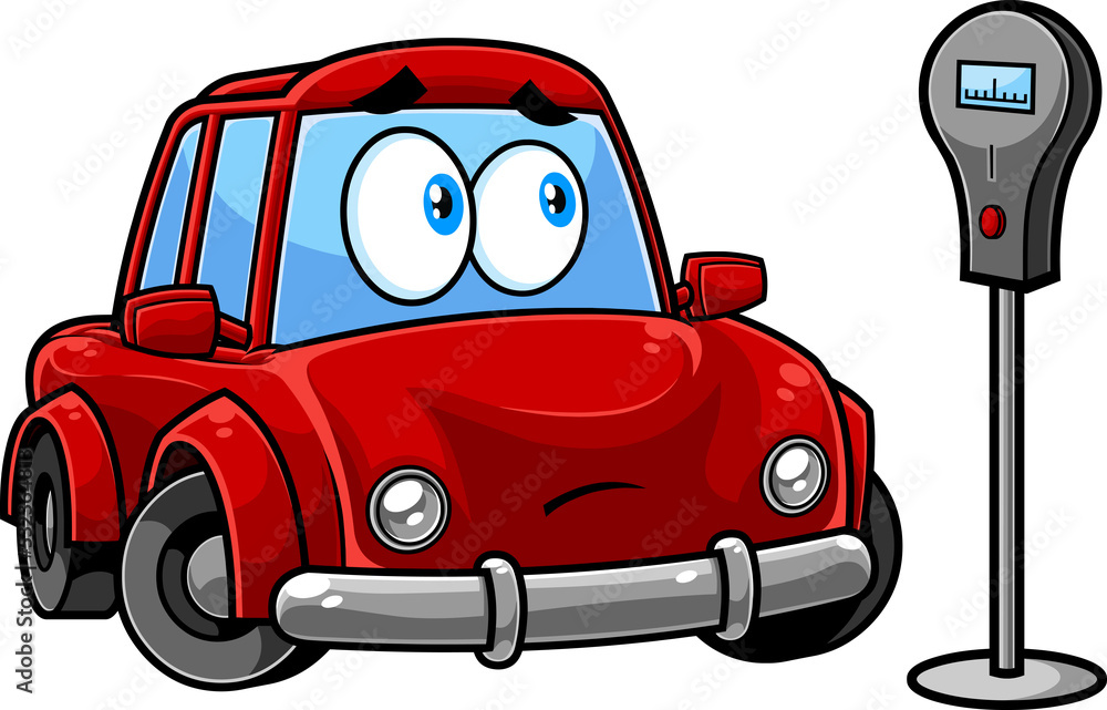 Sad Red Car Cartoon Character Looking Parking Meter. Hand Drawn ...