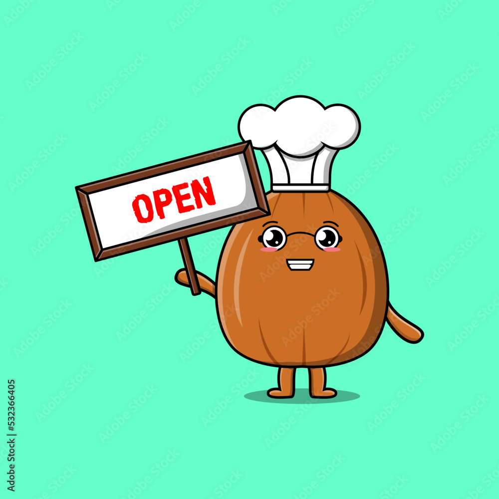 Cute cartoon almond nut character holding open sign board designs in ...