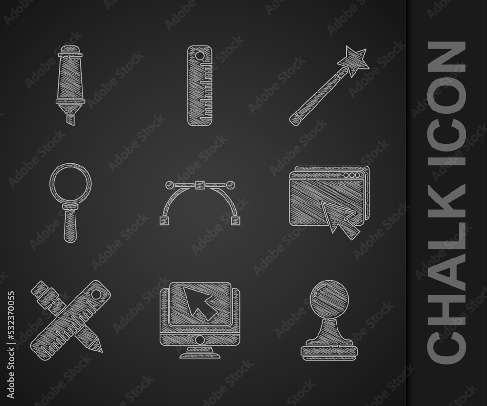 Set Bezier curve, Computer monitor and cursor, Stamp, Web design development, Crossed ruler ...