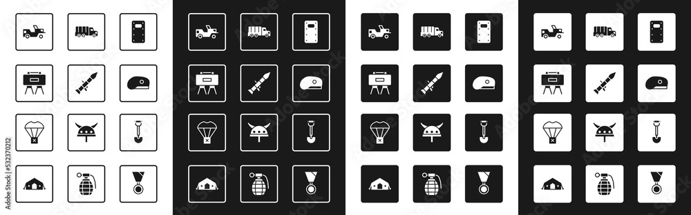 Set Military assault shield, Rocket launcher, mine, jeep, beret, truck ...