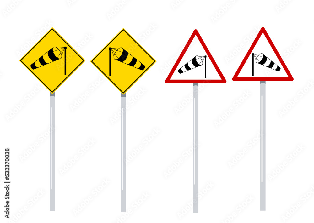 Crosswind traffic road sign on pole - windsock in yellow rhombus and ...