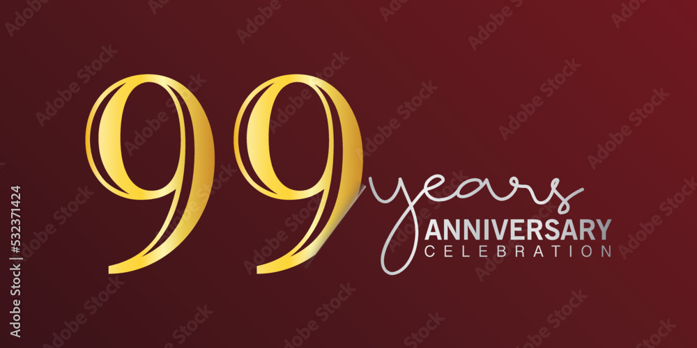 99th anniversary celebration logotype number gold color with red color ...