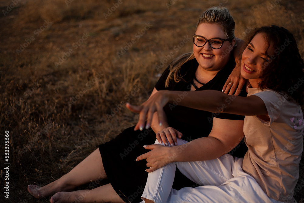 group of friends, plus size with thin girl spend happy time together ...