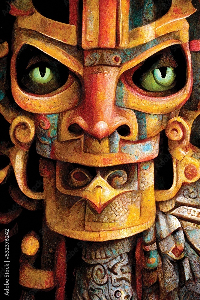 Aztec mask, creepy face, mythology theme. Digital art, printable ...