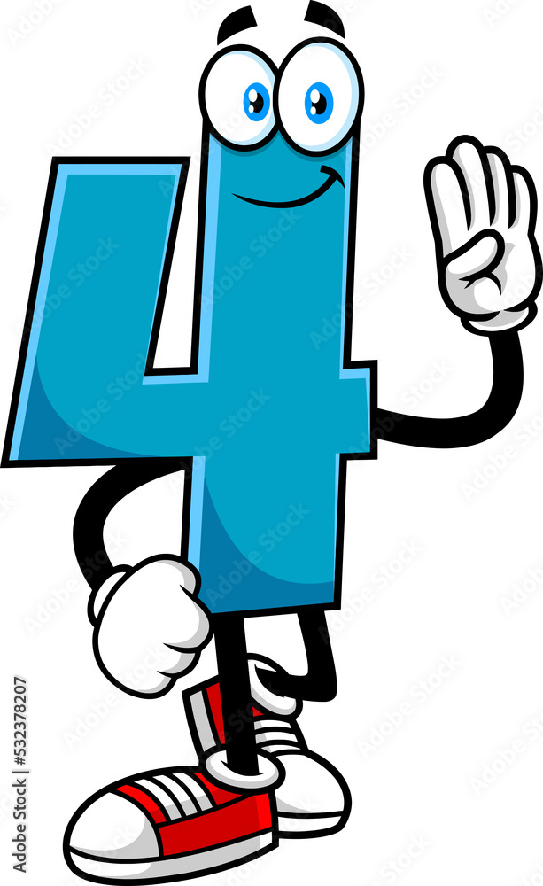 Funny Blue Number Four 4 Cartoon Character Showing Hand Number Four ...