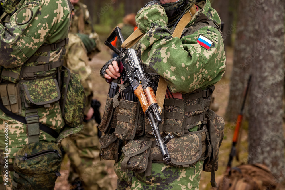 Close up hands russian soldier man dressed military camouflage uniform ...