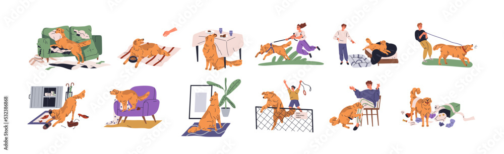 Dogs behavior problems set. Bad naughty aggressive hyperactive canine ...