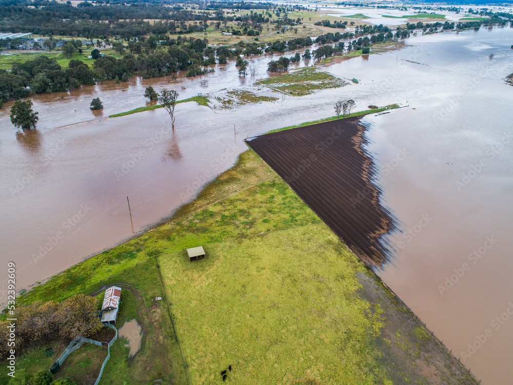 Farm crop paddocks underwater during natural disaster flood Stock Photo ...