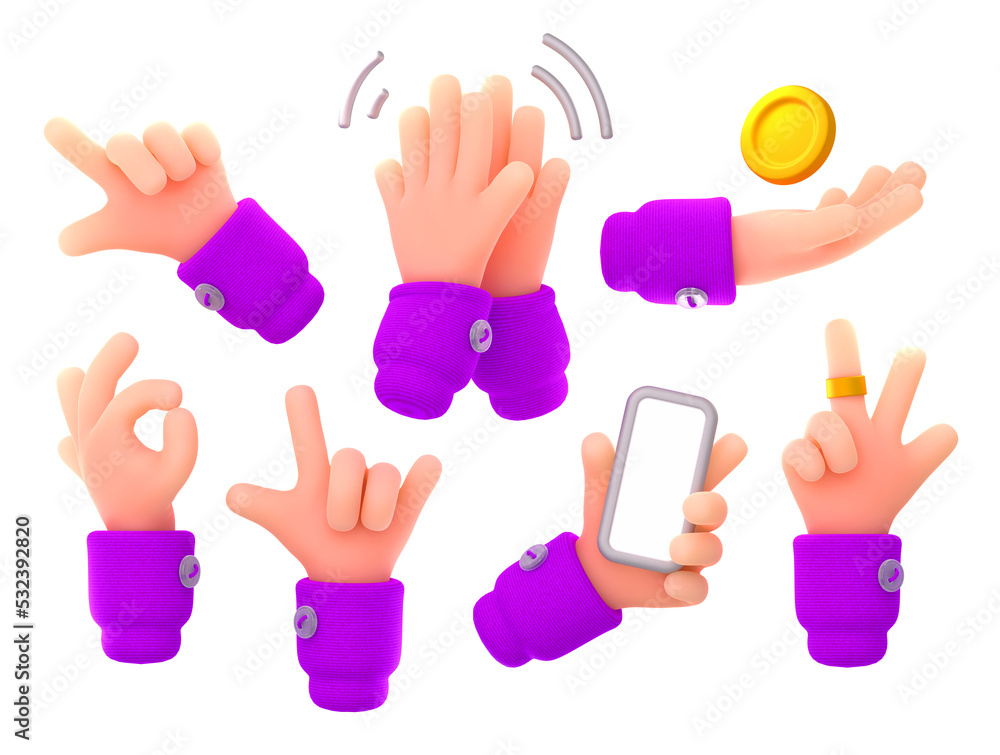 Hand gestures, symbols of victory, ok and rock. Human arms clap, hold ...