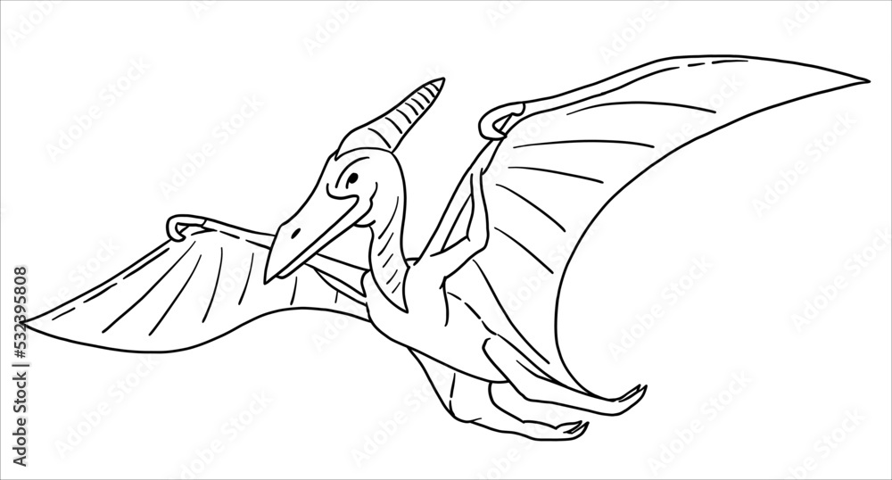 Pteranodon Dinosaur. Illustration in black and white style. The contour ...