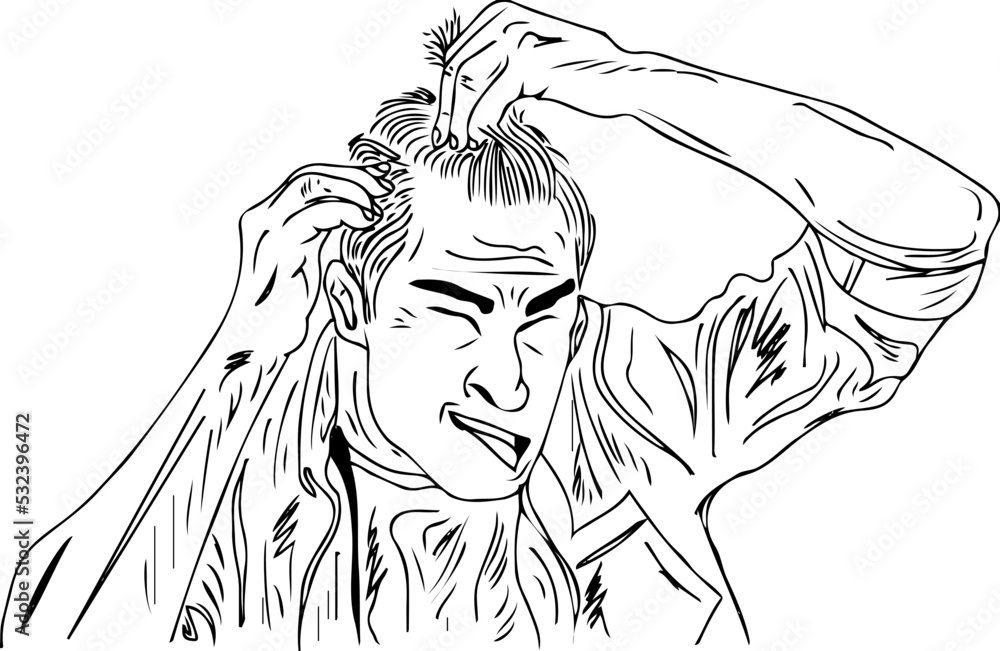 Man facing hair fall problem sketch drawing, Hair loss vector ...