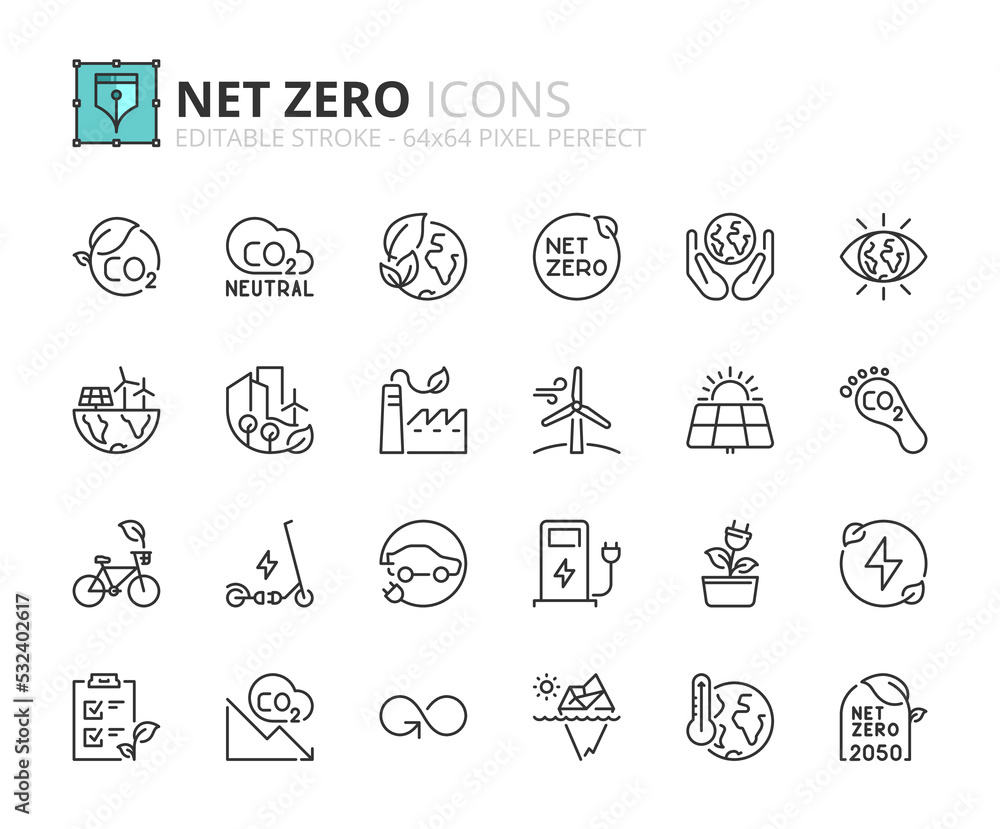 Simple set of outline icons about net zero. Sustainable development ...