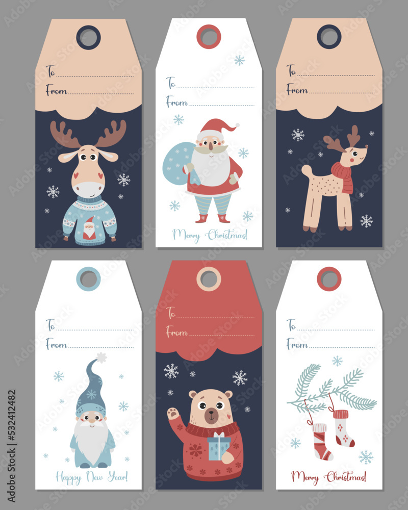 Christmas gift tags. Card labels with cute characters Santa Claus ...