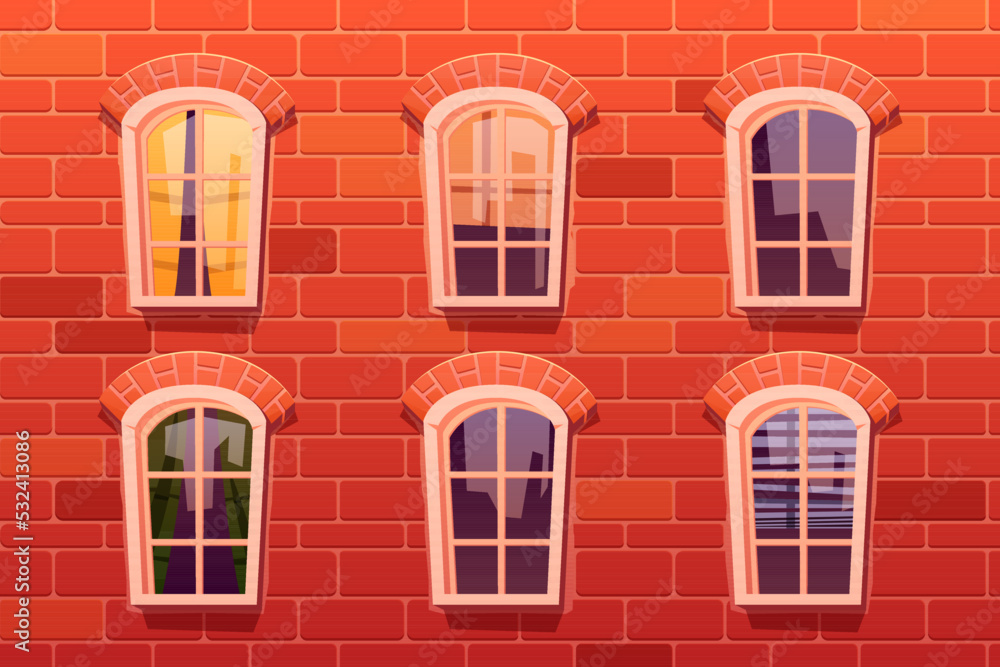 Classic arched windows on red brick wall with curtains and blinds, city ...