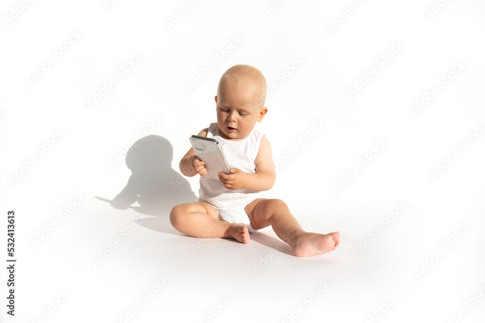 Child use smartphone isolated on white background. Protection ...