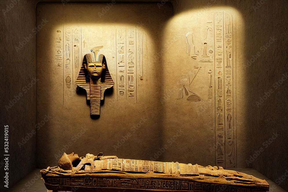 Tombstone inside an Egyptian pyramid. Secret royal gravestone with a ...