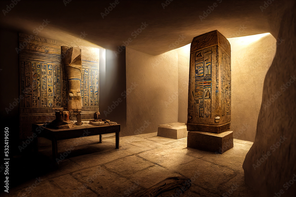 Tombstone inside an Egyptian pyramid. Secret royal gravestone with a ...