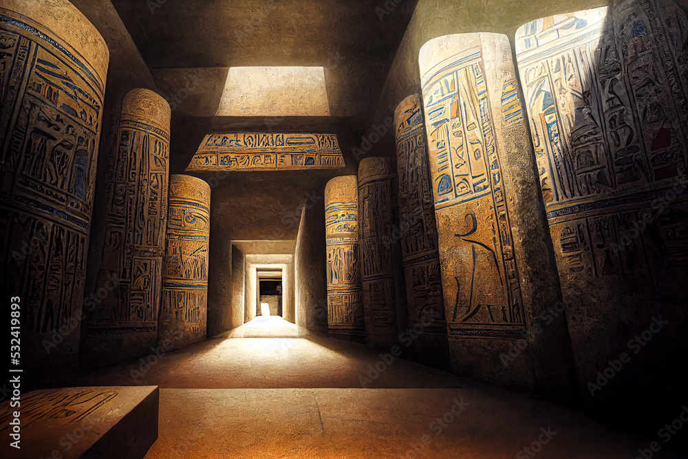 Corridors of the Giza pyramids illuminated by natural light falling ...