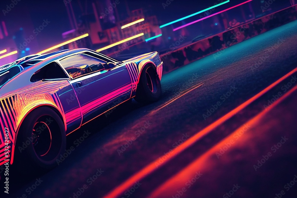 Tuned Sport Car , cyberpunk Retro Sports Car On Neon Highway. Powerful ...