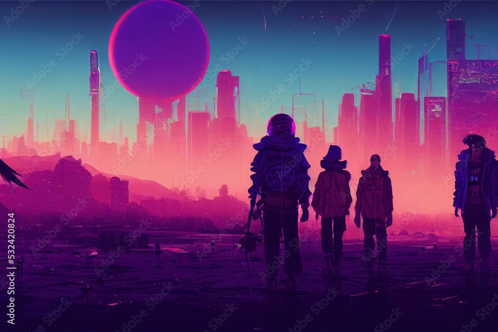 Cyberpunk neon city night. Futuristic city scene in a style of pixel ...