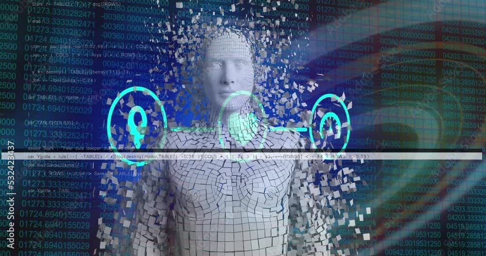 Animation of data processing with iconsand digital human over shapes on ...