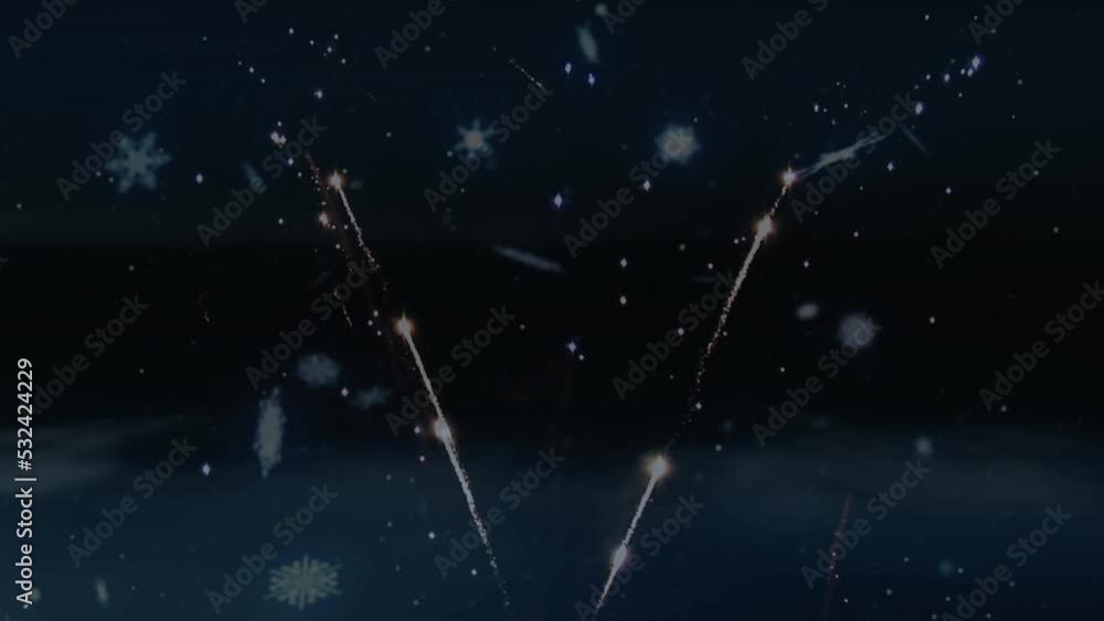 Animation of fireworks over snow falling Stock Video | Adobe Stock