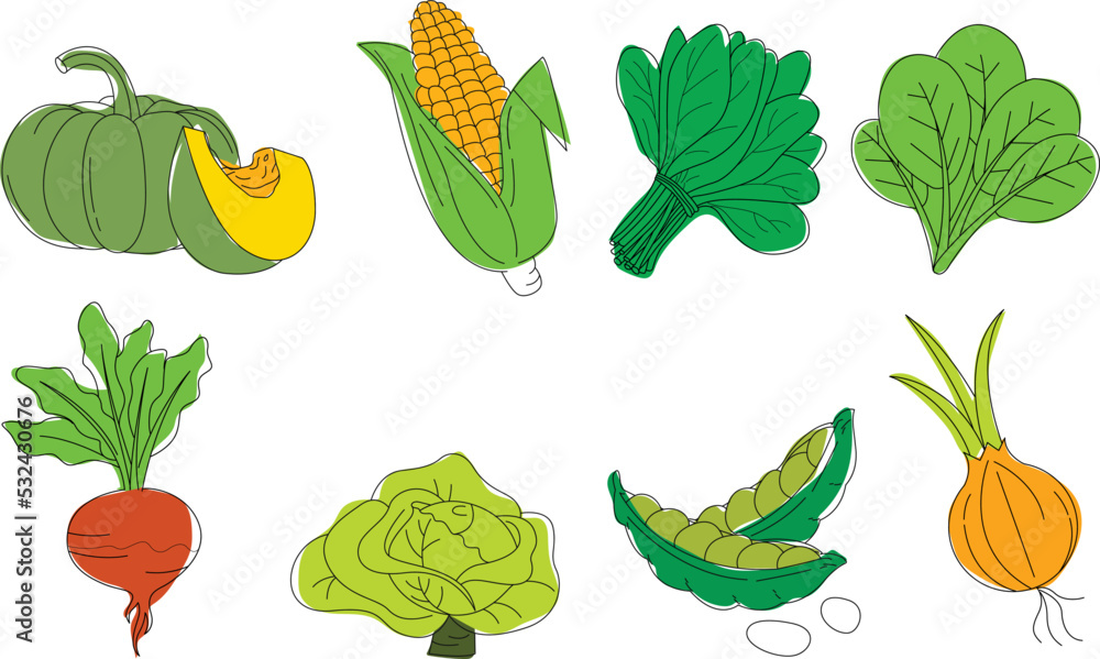 set of different doodle color vegetable hand drawn simple sketch ...