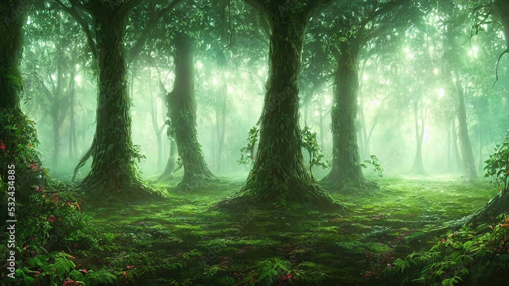 Fantasy fairy-tale magical forest, sunny evening light through the ...